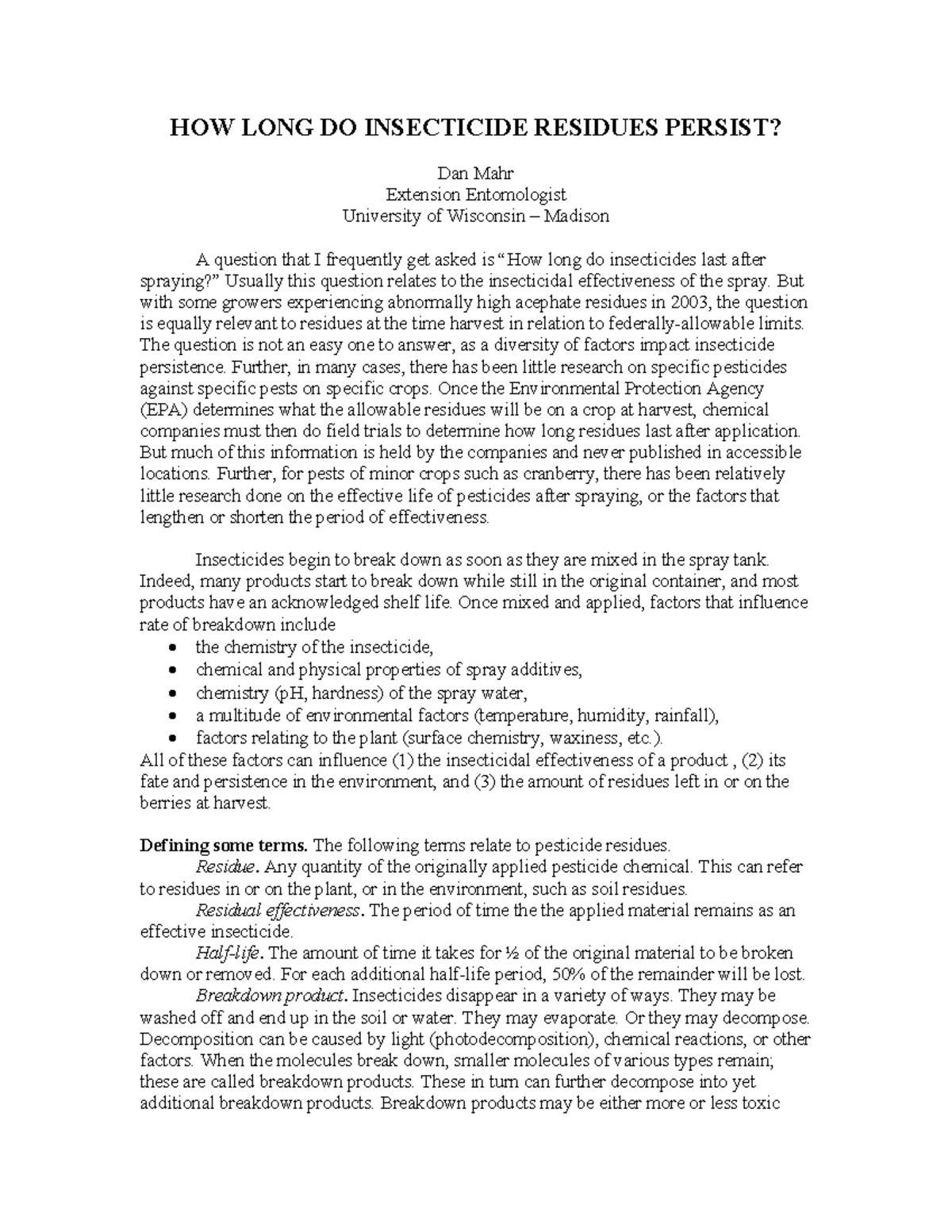 Instructions for instectisides - HOW LONG DO INSECTICIDE RESIDUES ...