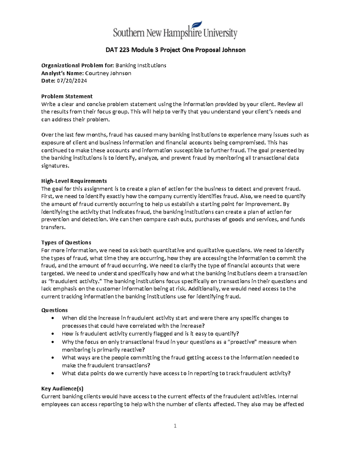 DAT223Project 1Mod3Proposal Johnson - 1 DAT 2 23 Module 3 Project One ...