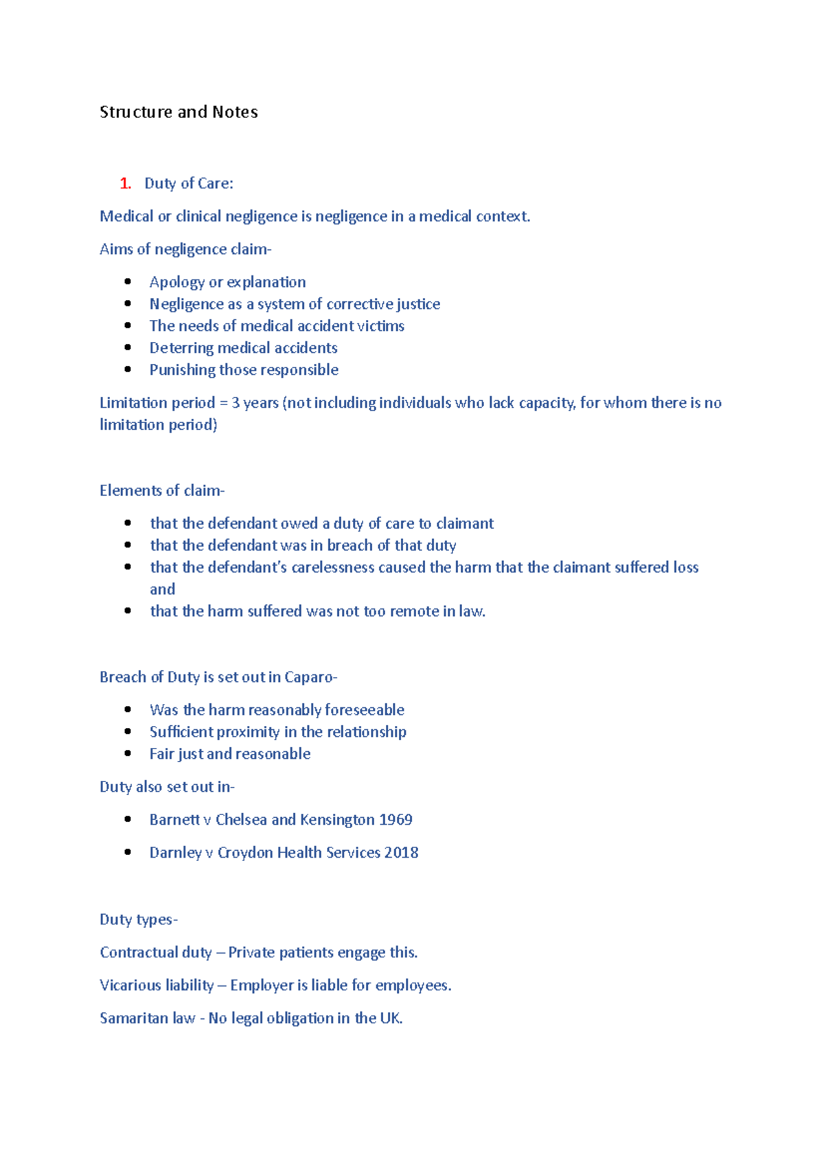 Structure and Notes- Medical - Structure and Notes Duty of Care ...