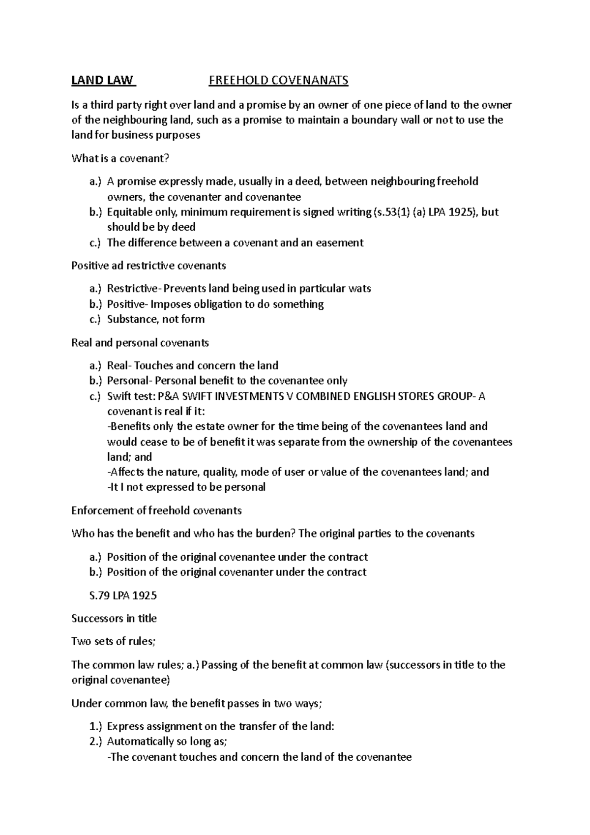 Freehold Covenants - LAND LAW FREEHOLD COVENANATS Is a third party ...