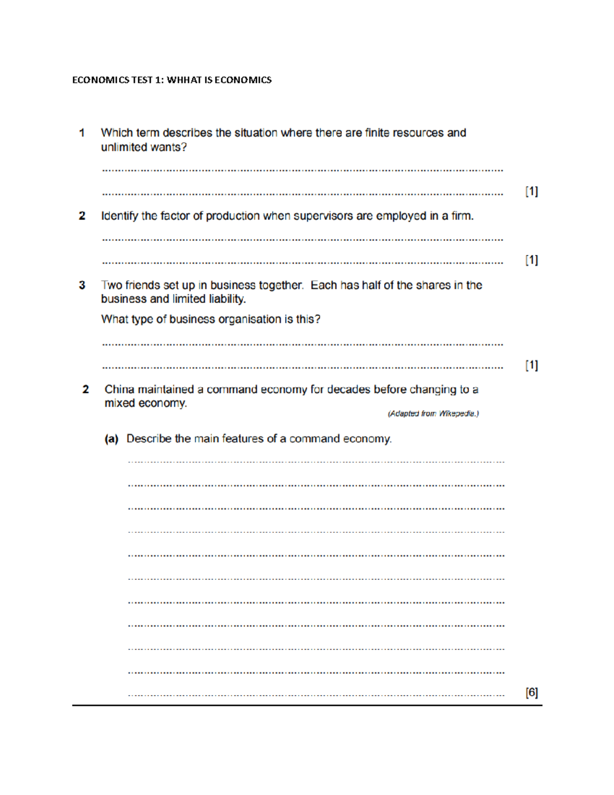 Economics TEST 1 - TEST ON THE BASIC PROBLEMS FACED IIN THE ECONOMIC ...