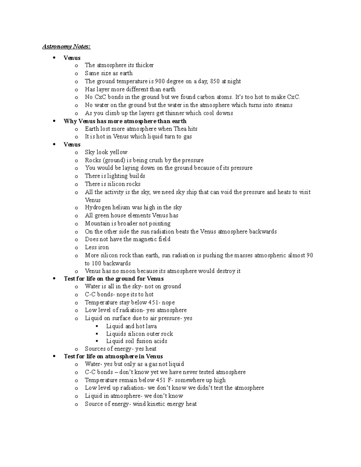 Astro notes 6 - Venus - Astronomy Notes: Venus o The atmosphere its ...