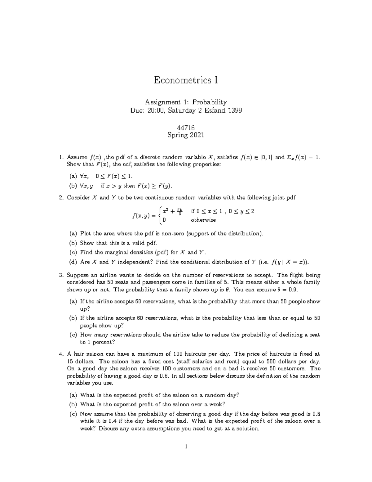 PS01 - econometrics - Econometrics I Assignment 1: Probability Due: 20:00, Saturday 2 Esfand ...