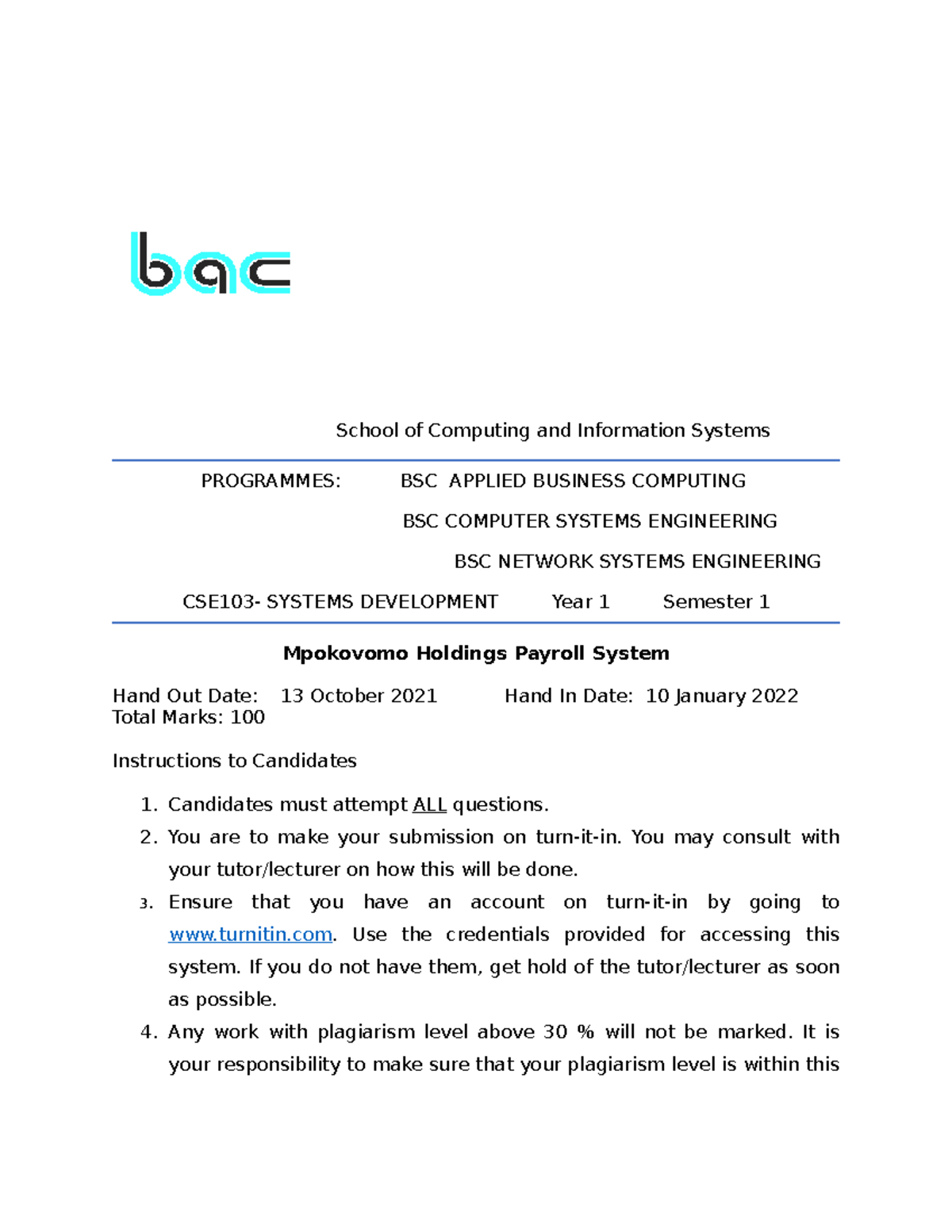 SD Assignment September 2021 - School of Computing and Information Systems PROGRAMMES: BSC ...