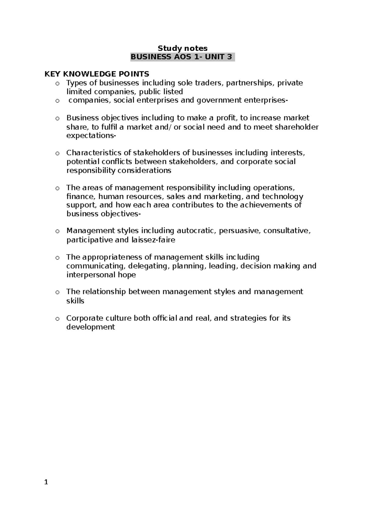 Business 3:4 Study Notes - Study notes BUSINESS AOS 1- UNIT 3 KEY ...