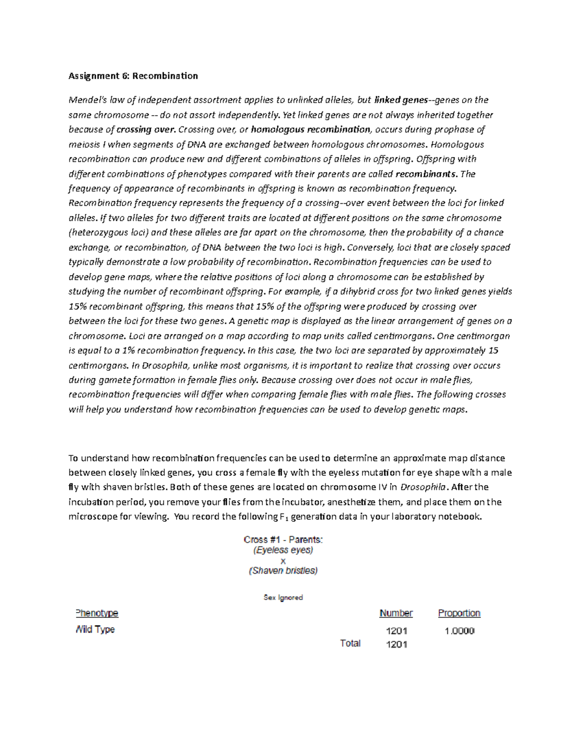 Assignment 3 Recombination New - Assignment 6: Recombination Mendel's ...