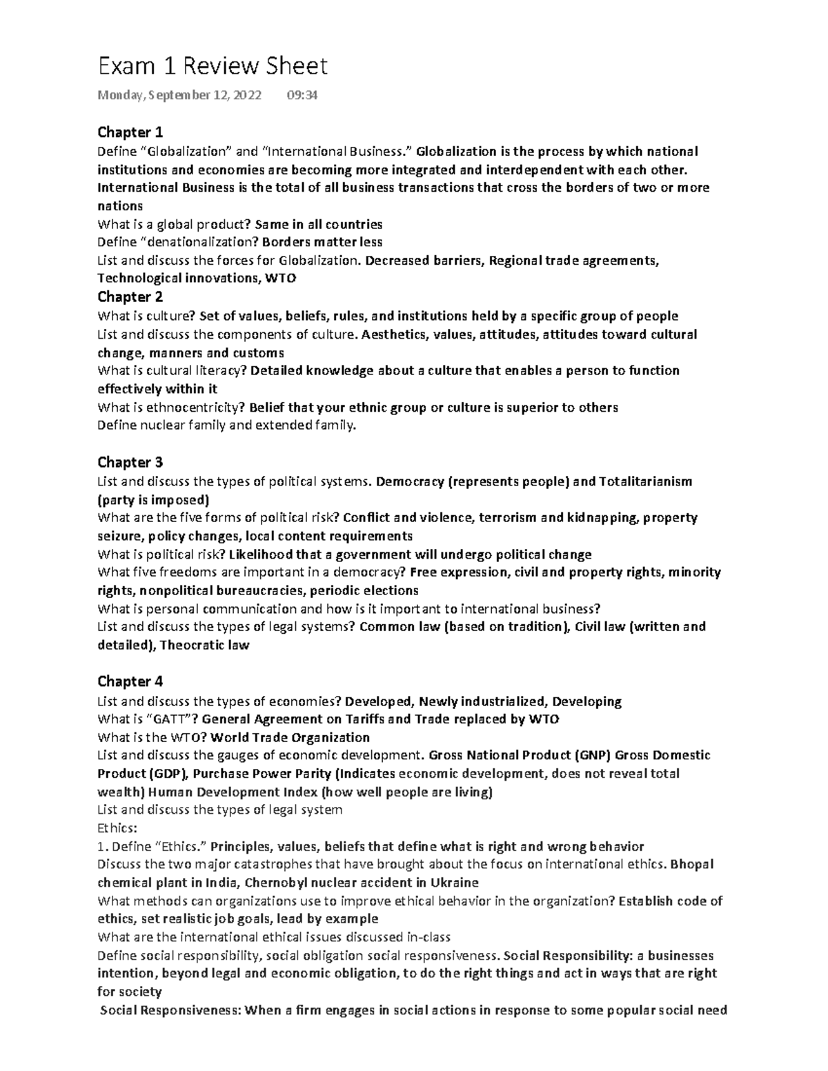 Exam 1 Review Sheet - Chapter 1 DefineÊ“Globalization”ÊandÊ ...