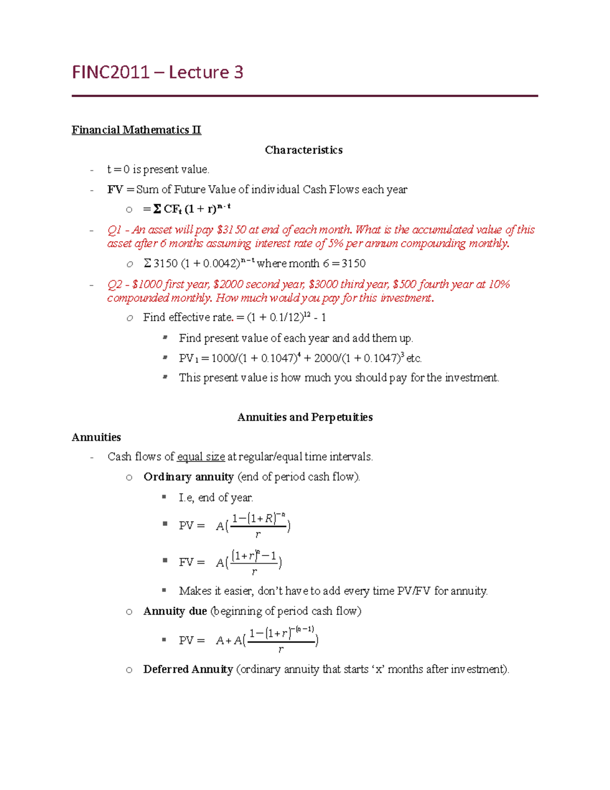 FINC2011 lec 3 - Lecture notes 3 - FINC2011 – Lecture 3 Financial ...