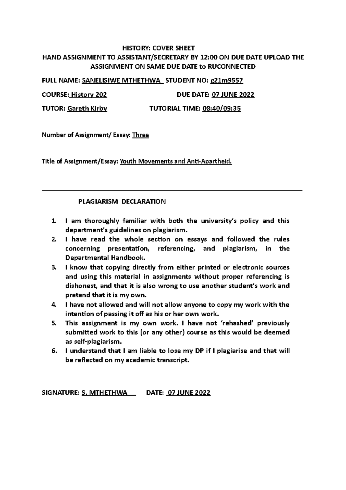 History Exam Essay - HISTORY: COVER SHEET HAND ASSIGNMENT TO ASSISTANT ...