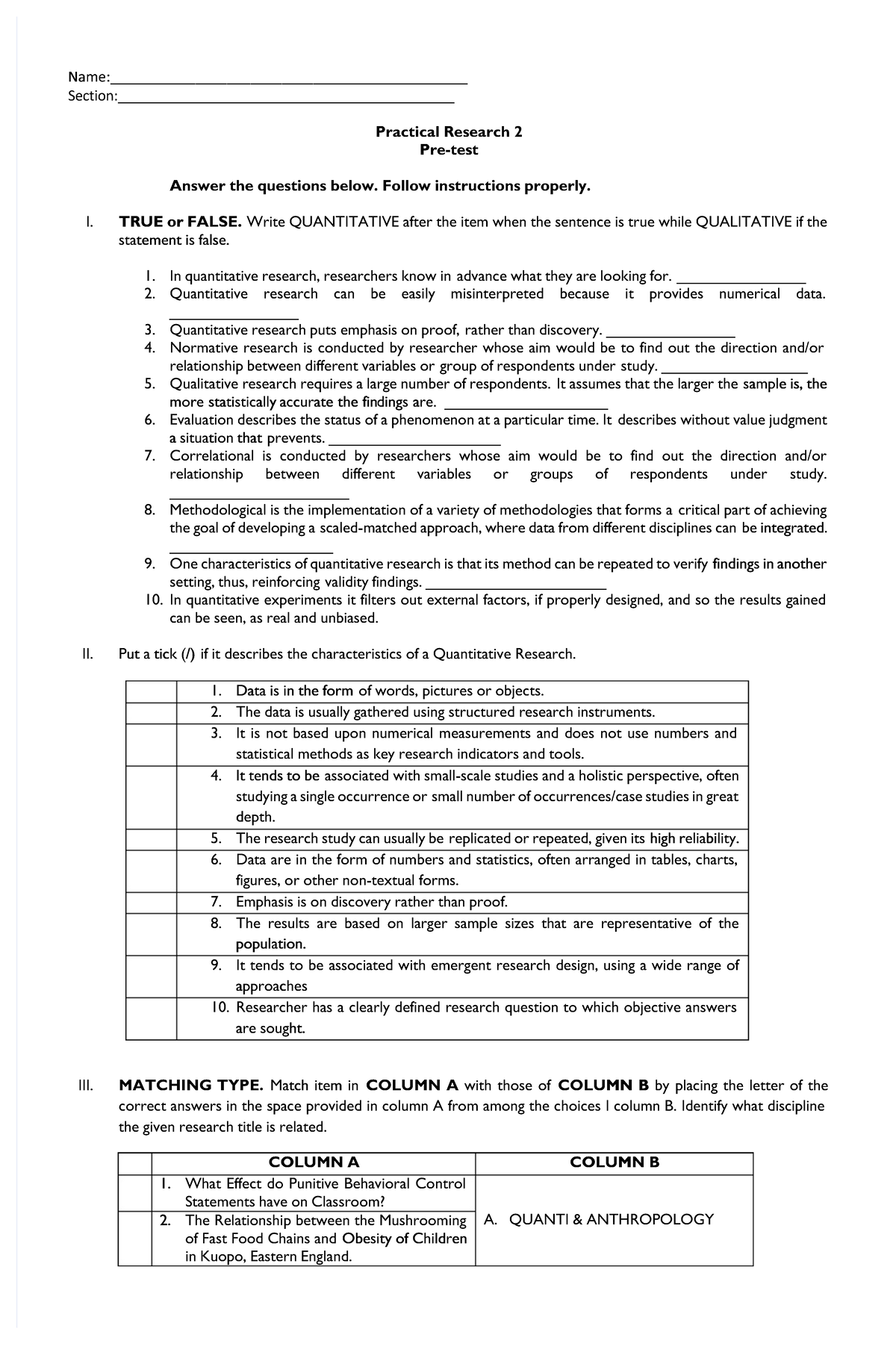Practical Research Pretest for Students - - Studocu