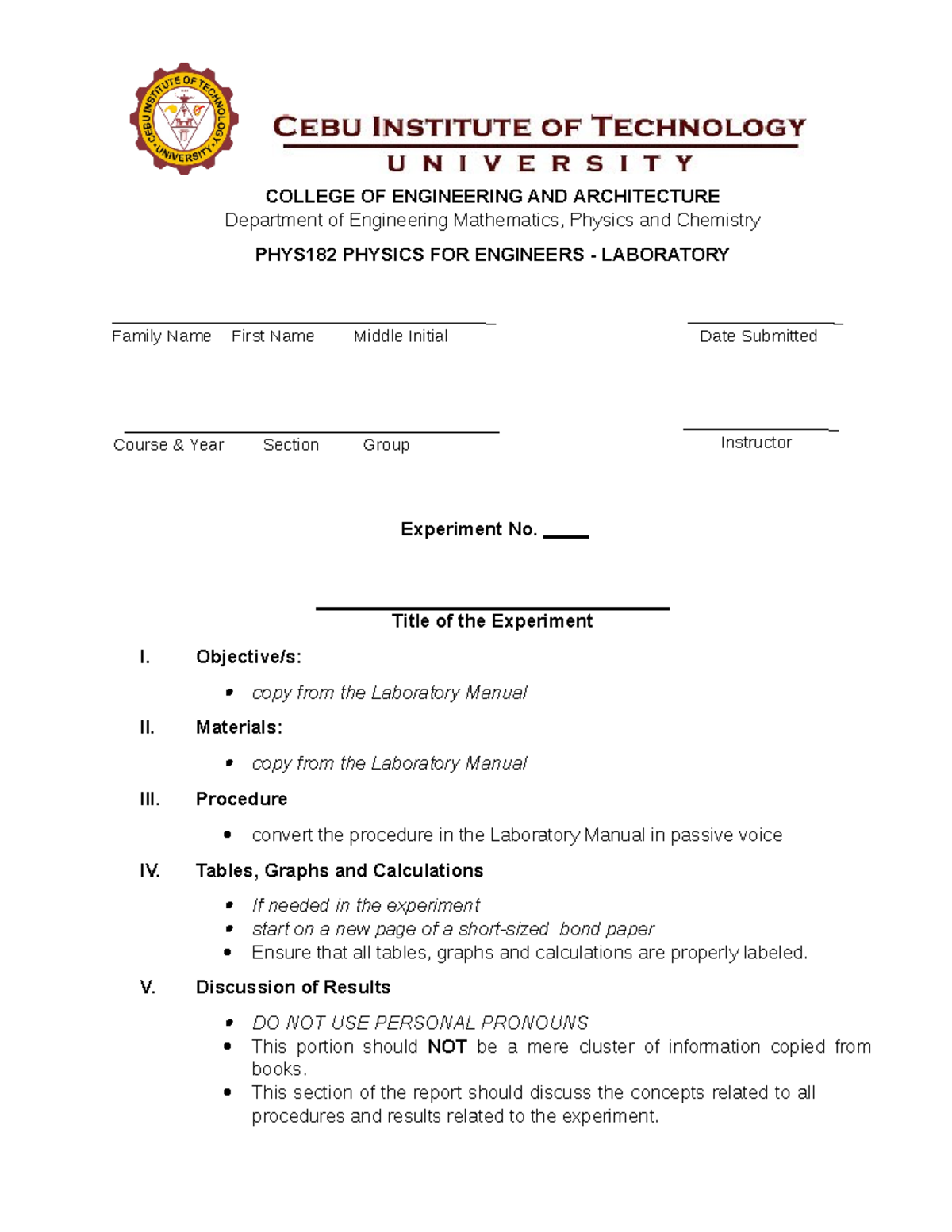 PHYS182 Final Report Format - COLLEGE OF ENGINEERING AND ARCHITECTURE Department of Engineering ...