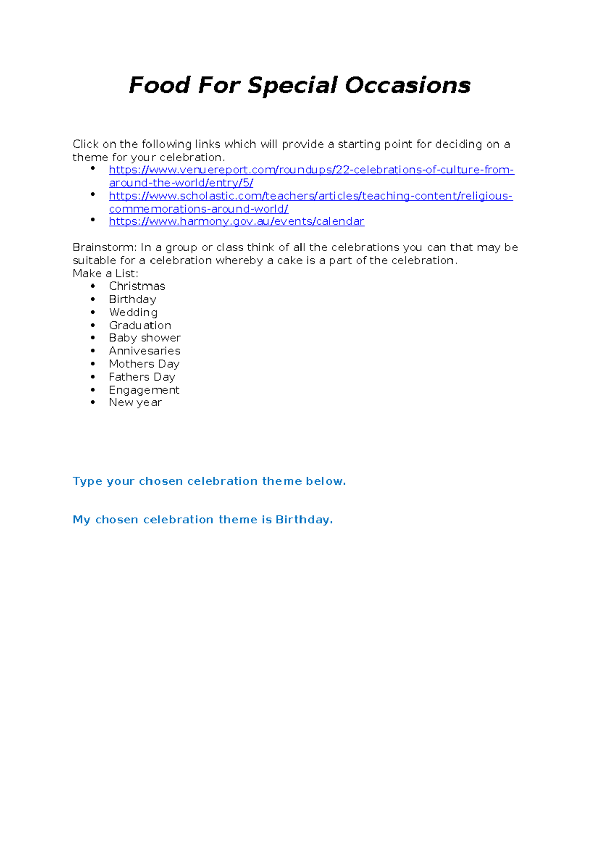 Scaffold for Assessmkent task 2 - Food For Special Occasions Click on ...
