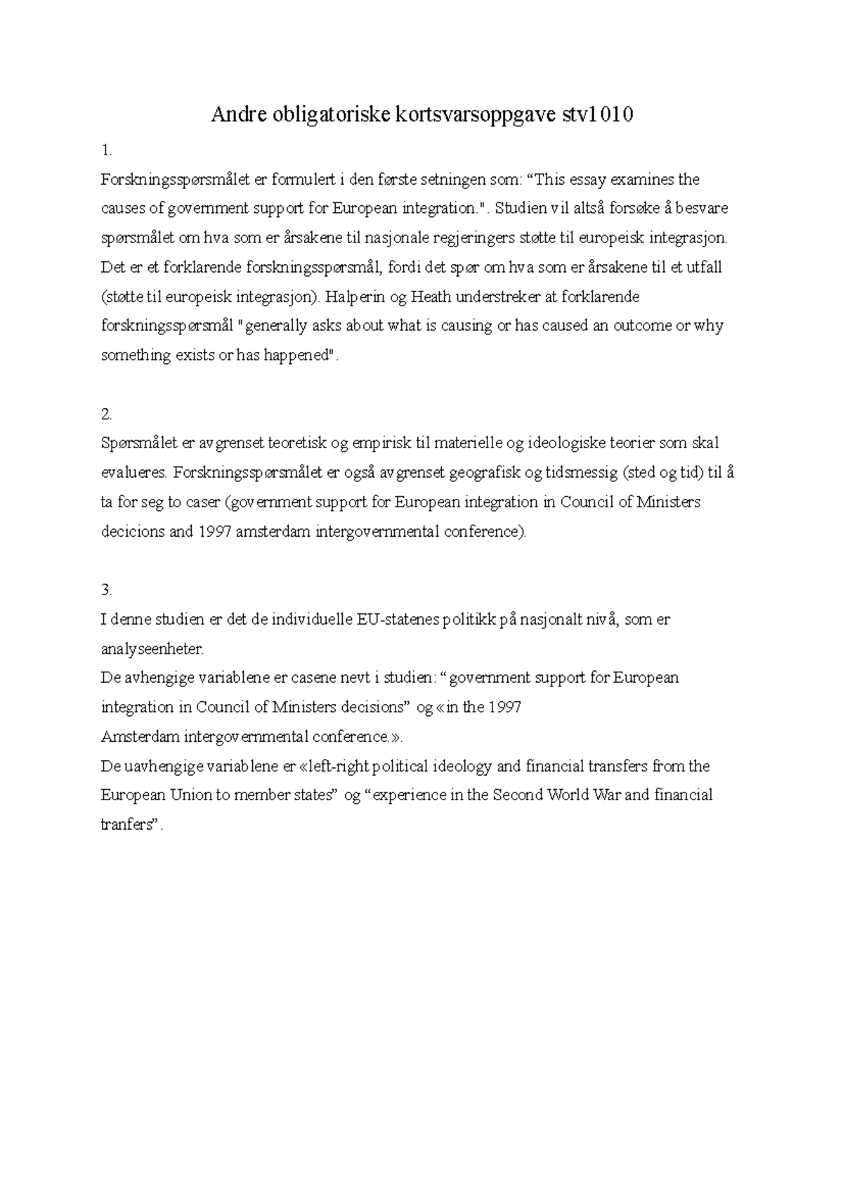Stv1010 Andre obligatoriske kortsvarsoppgave - Andre obligatoriske kortsvarsoppgave stv 1. - Studocu