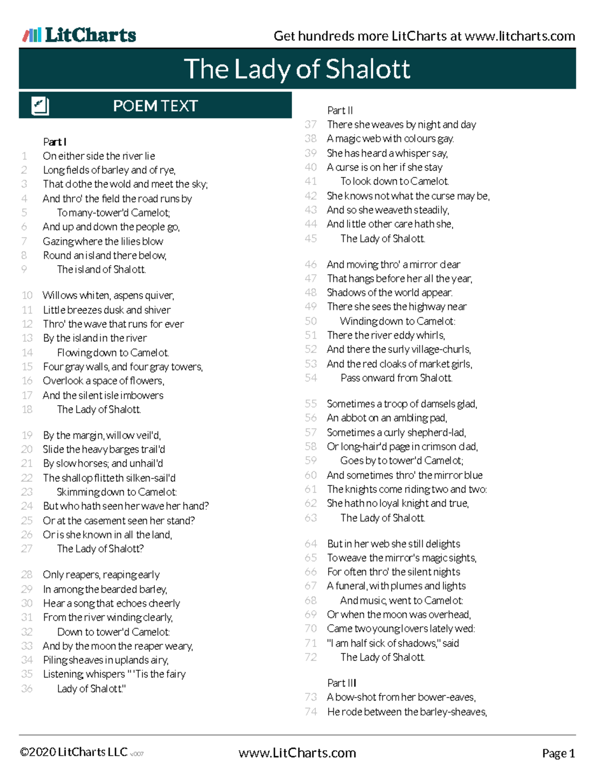 Toaz - Poem. - The Lady of Shalott POEM TEXTPOEM TEXT PPart Iart I 1 On ...