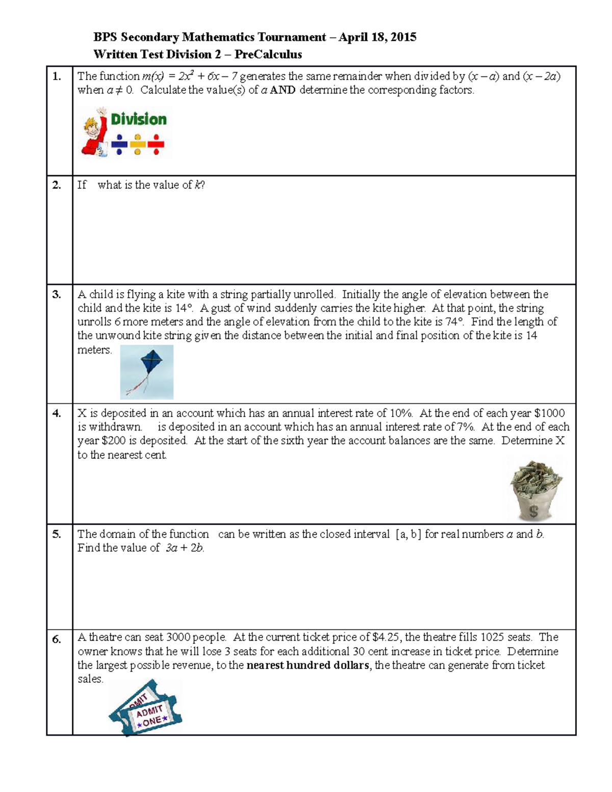 Division 2 Written Pre Calculus Questions - Written Test Division 2 ...