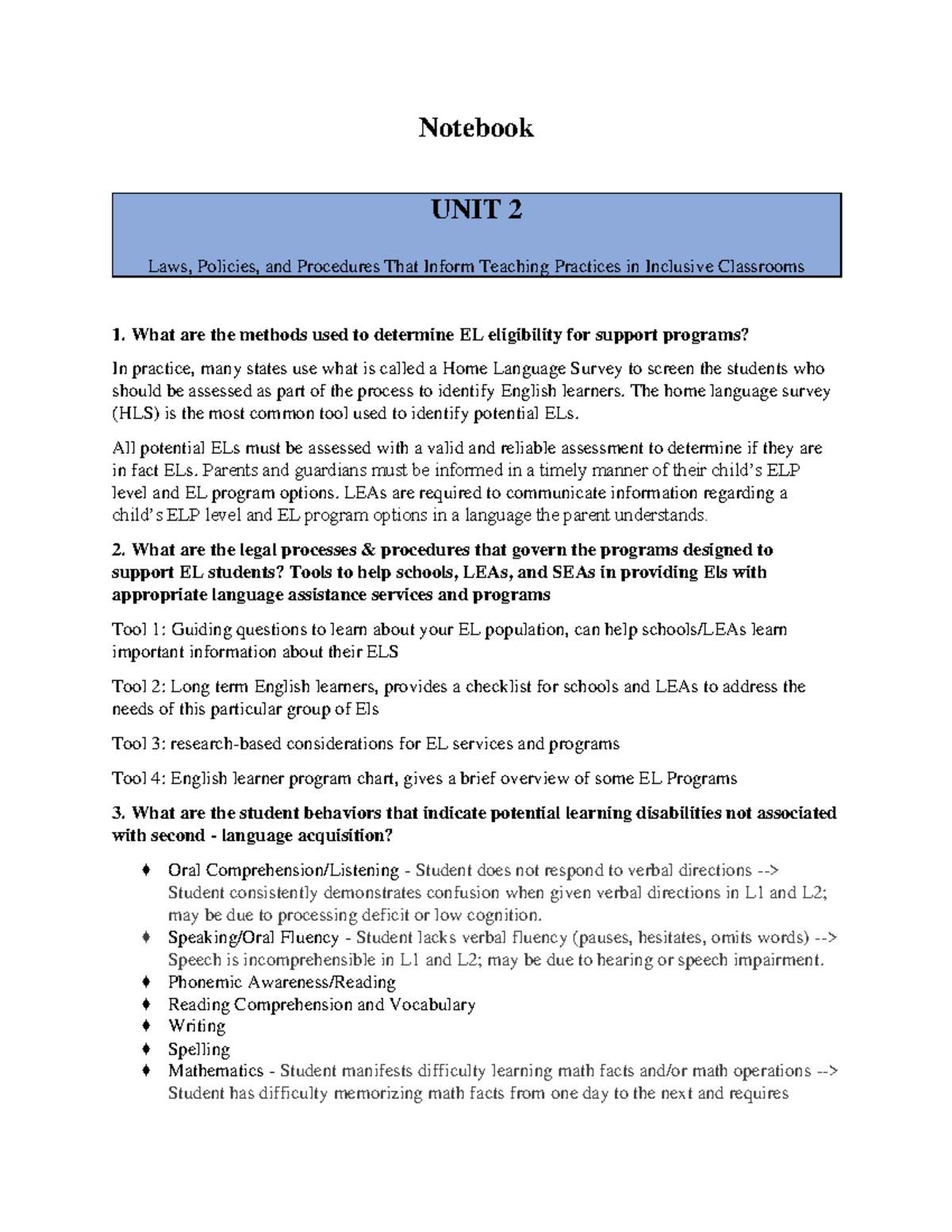 Notebook - notes - Notebook UNIT 2 Laws, Policies, and Procedures That ...