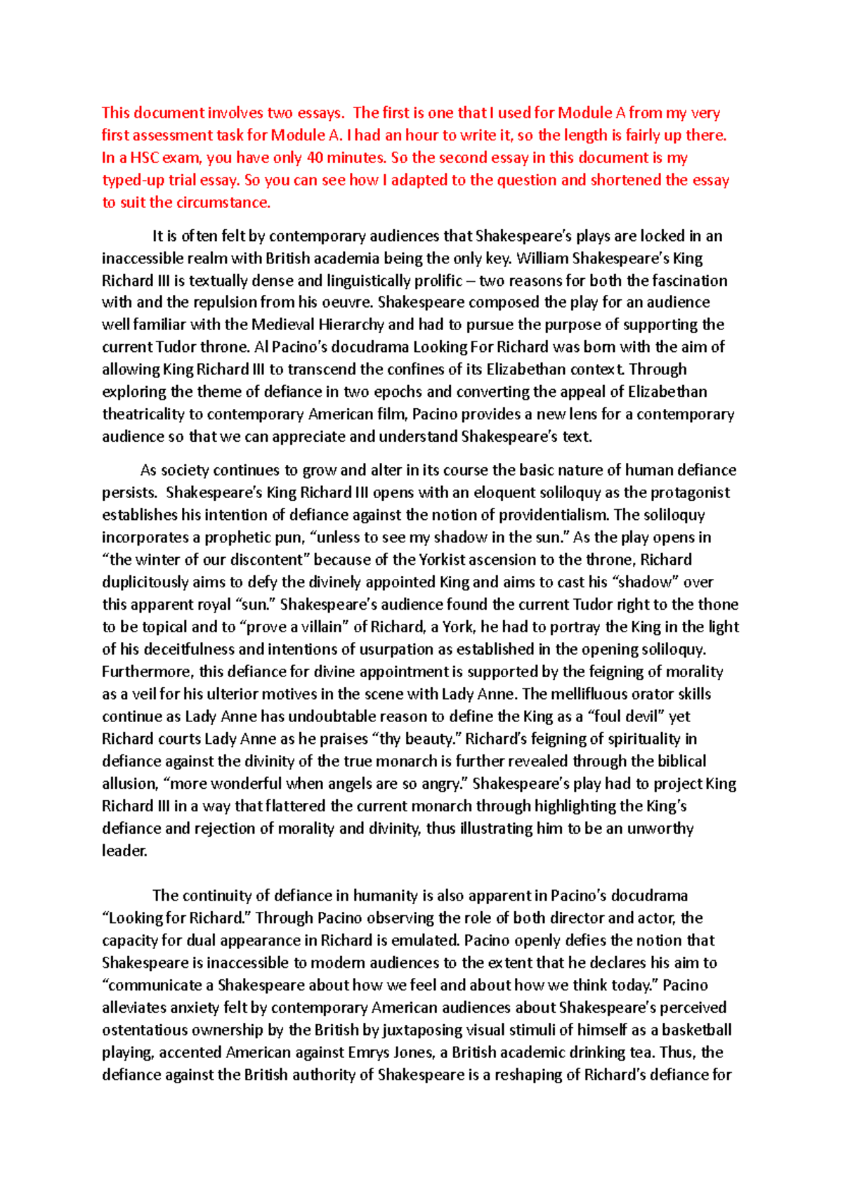 Two essay - This document involves two essays. The first is one that I ...