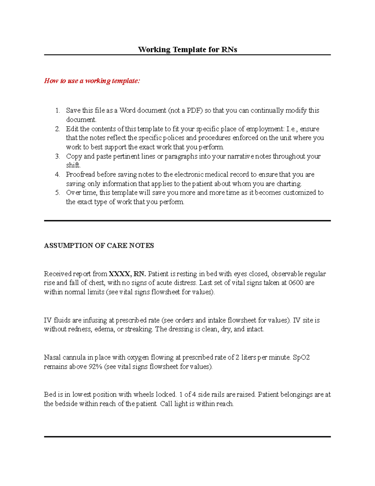 Nursing Note Templates - Working Template for RNs How to use a working ...
