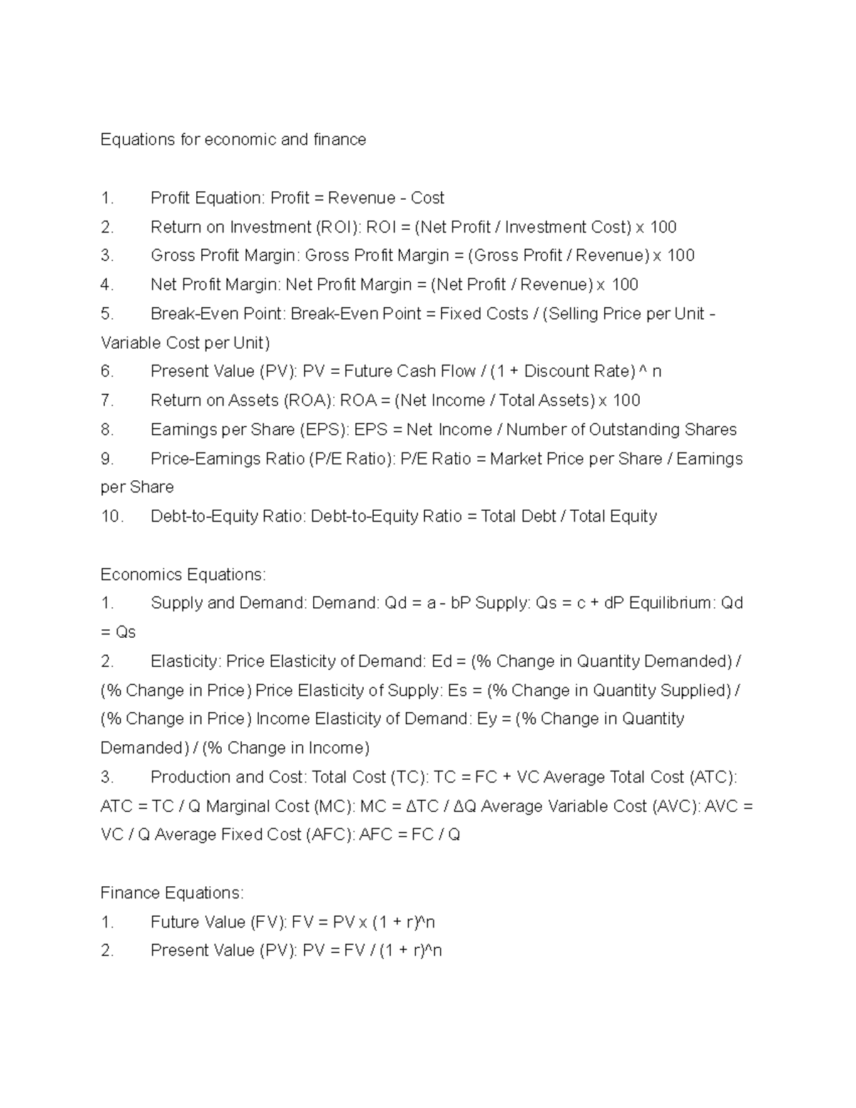 Study notes for finance - Equations for economic and finance Profit ...