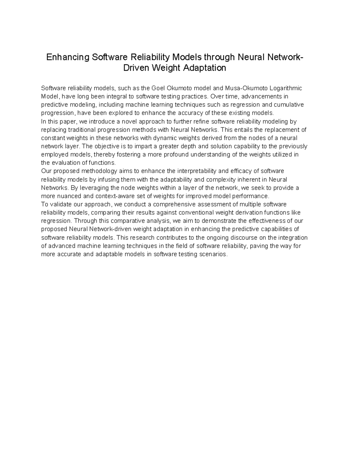 Abstract Software Reliability - Enhancing Software Reliability Models through Neural Network ...