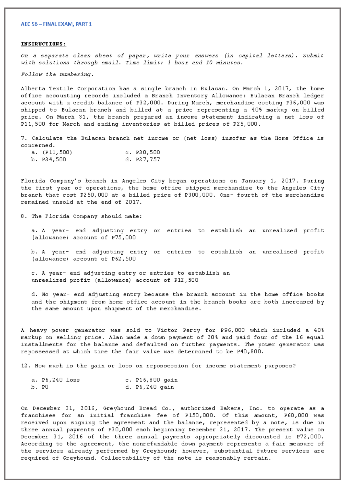 FINAL 15 July 2020, questions - INSTRUCTIONS: On a separate clean sheet ...