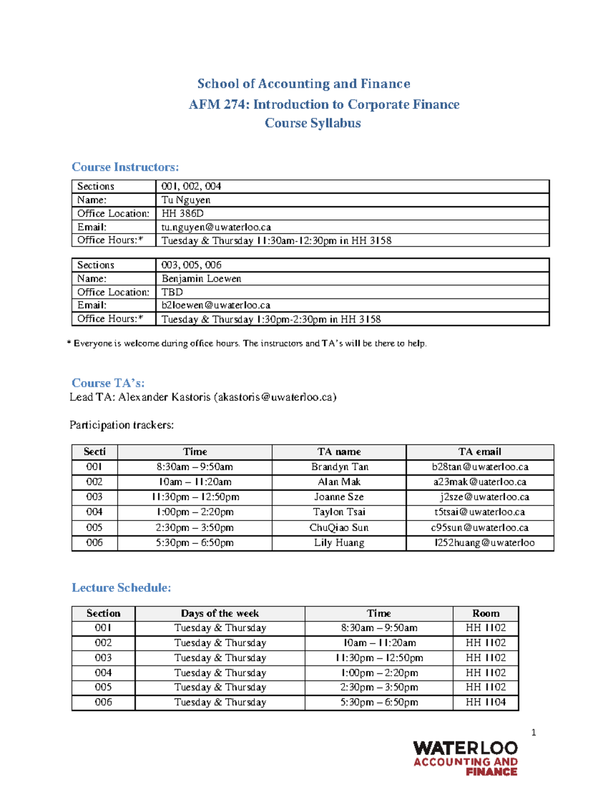 AFM 274 Course Syllabus S'23 - Course Instructors: School of Accounting and Finance AFM 274 ...