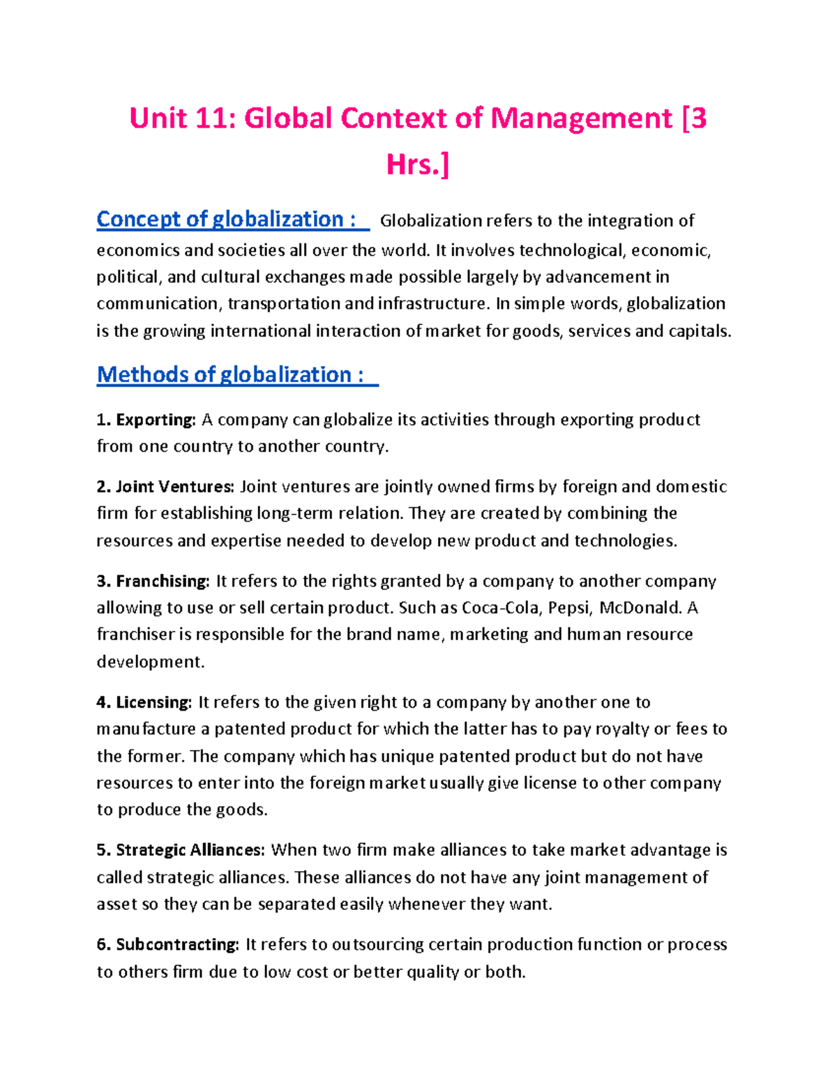 POM Unit-11 - POM Unit-11 - Unit 11: Global Context of Management [ Hrs.] Concept of ...