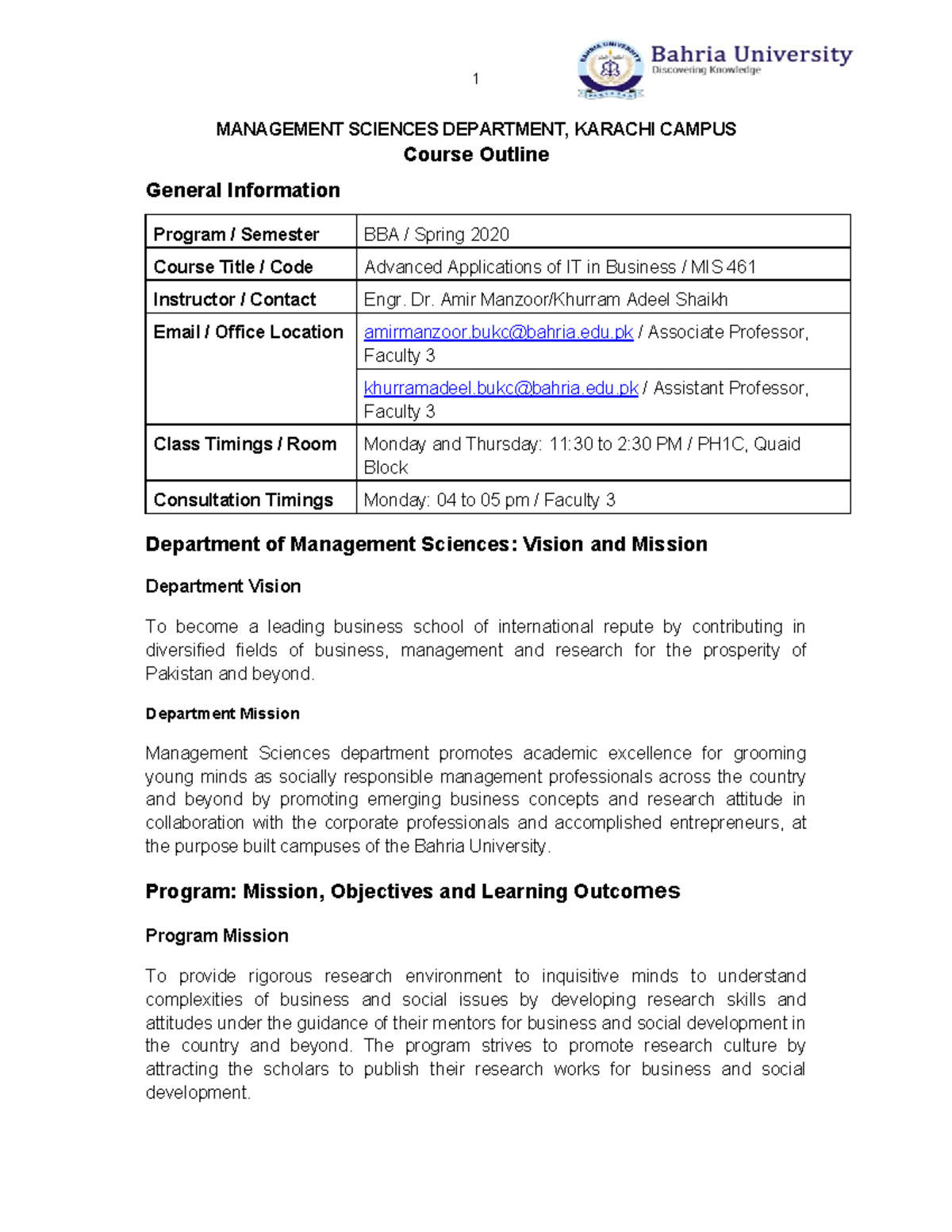 Advanced IT-Course Outline - MANAGEMENT SCIENCES DEPARTMENT, KARACHI ...