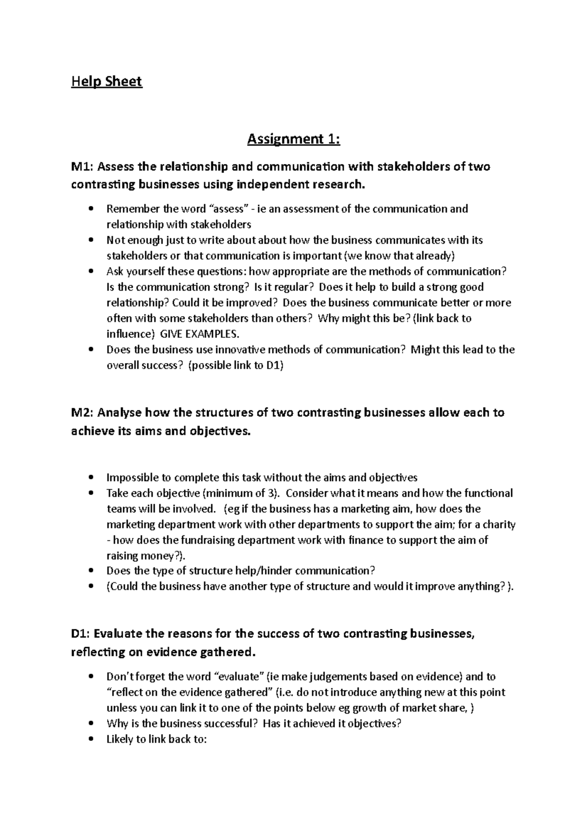 Help Sheet merit and distinction - Help Sheet Assignment 1: M1: Assess ...