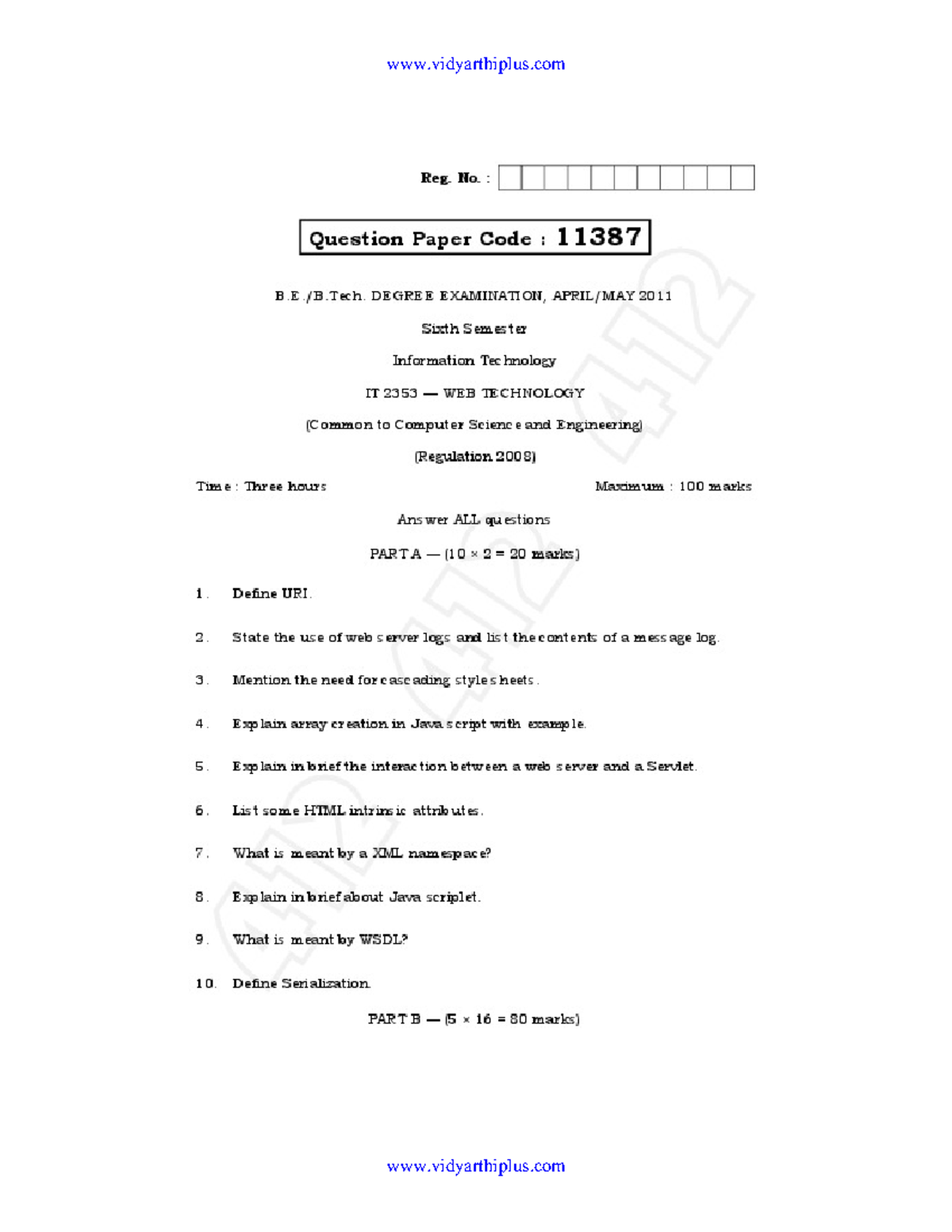 IT 2353 - WEB Technology Question Paper - Reg. No. : Question Paper Code : 11387 DEGREE ...