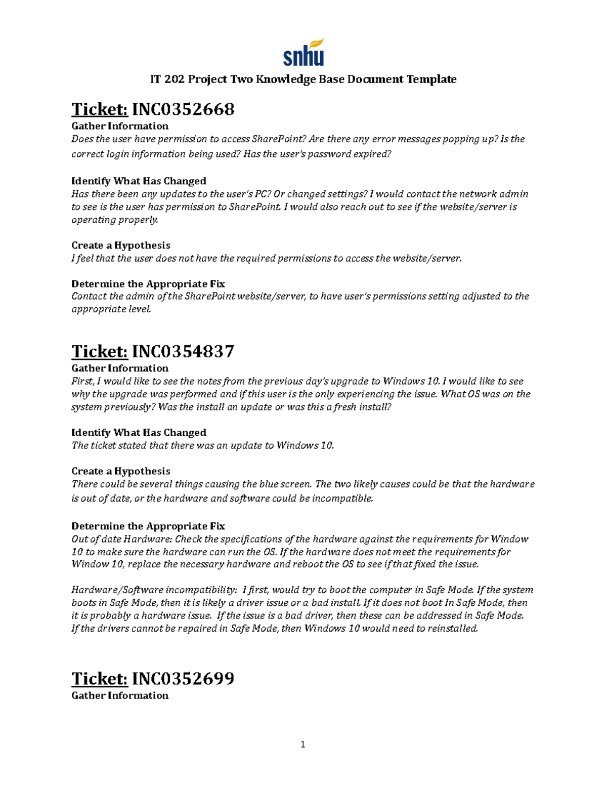 IT 202 Project Two Knowledge Base Document Template - I would also ...