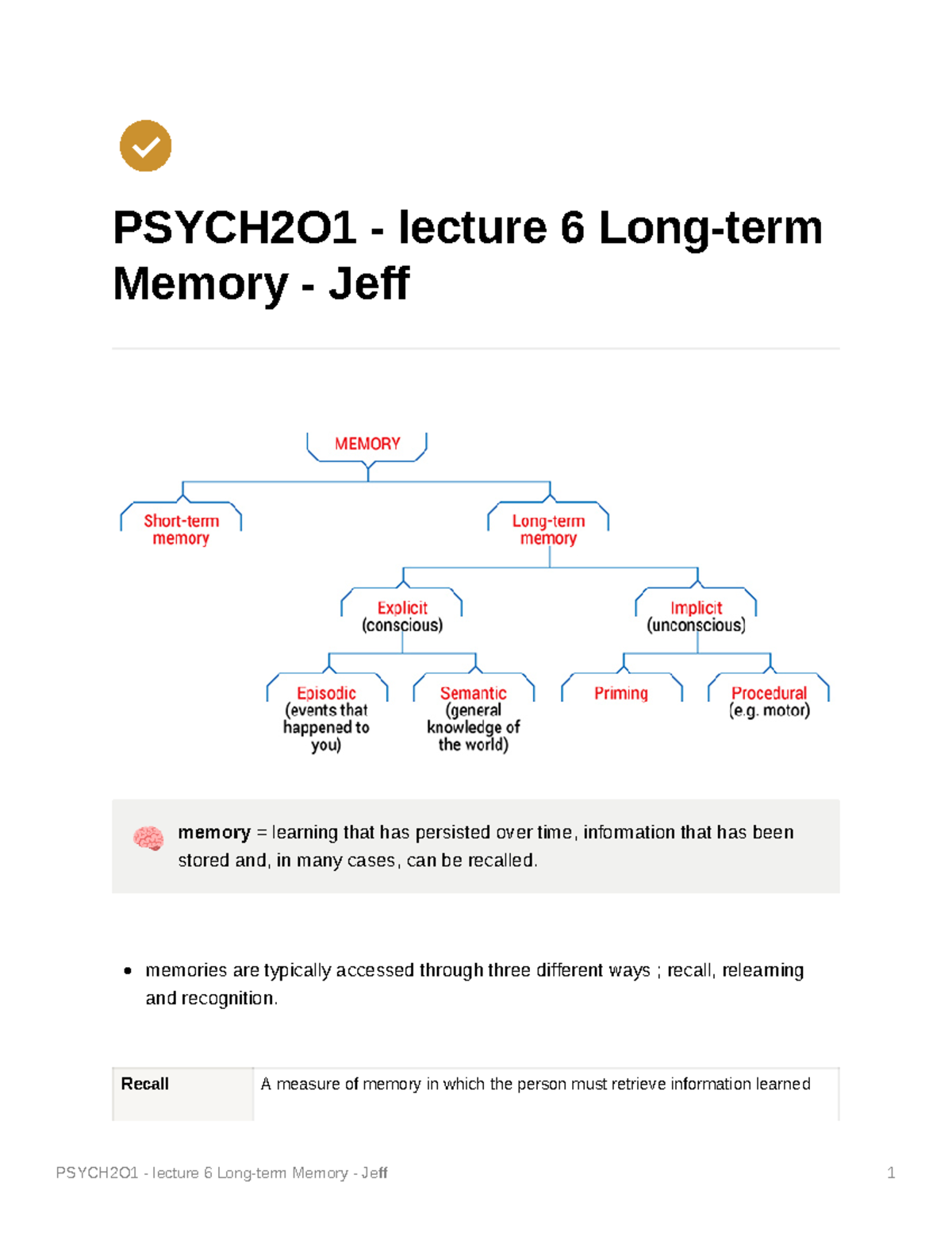 Psych 2o1 Lecture 6 Long Term Memory Jeff Psych2o1 Lecture 6 Long Term Memory Jeff