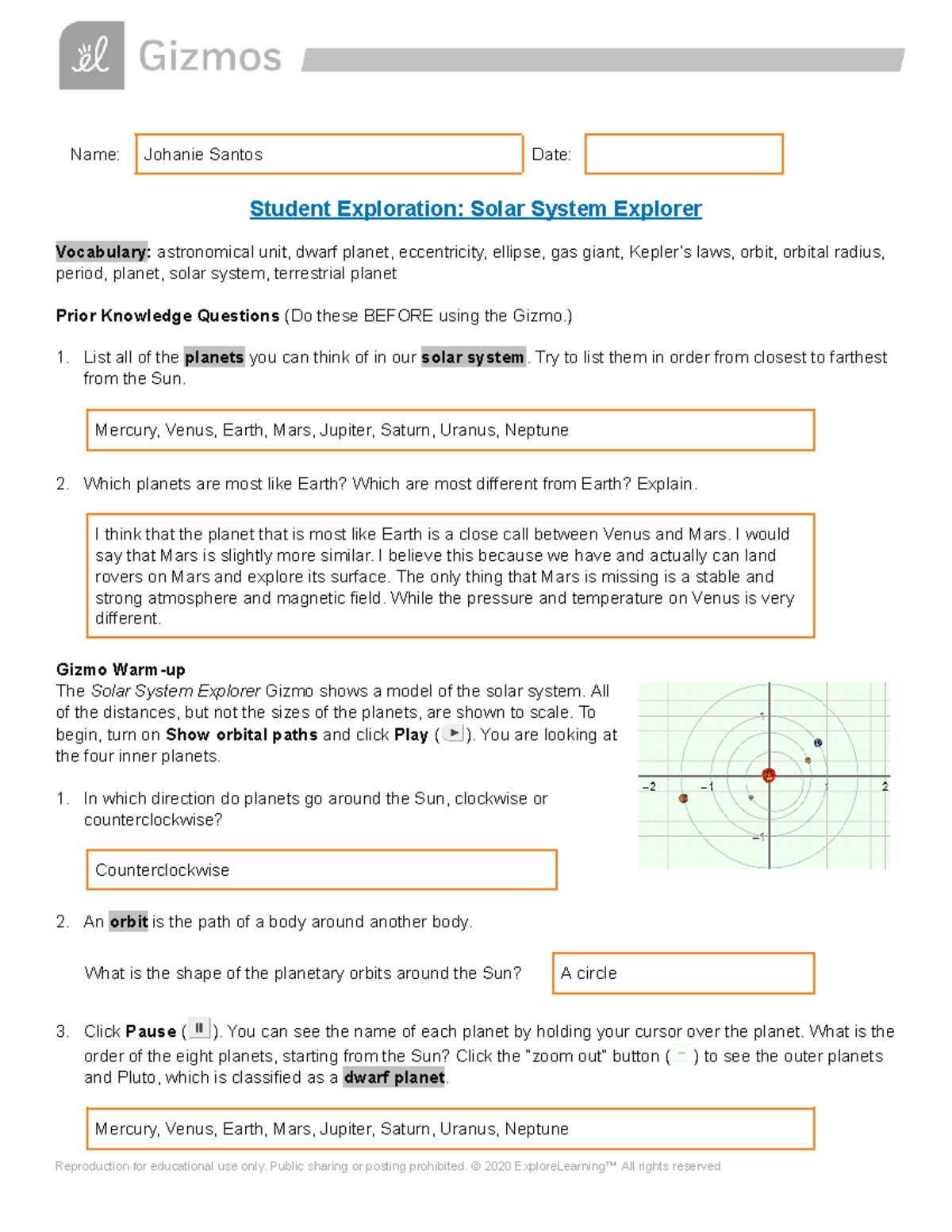 Solar System Explorer SE - Name: Johanie Santos Date: Student ...