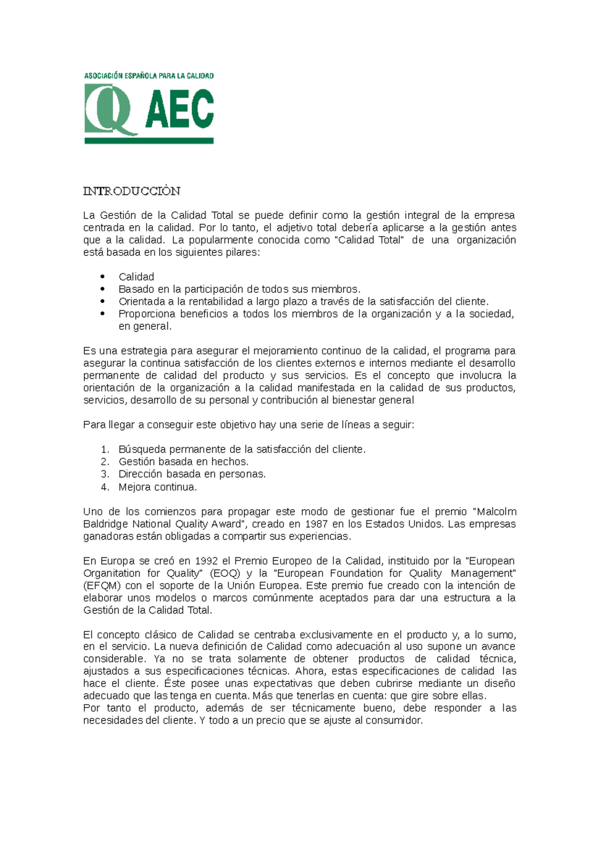 Informe basico de calidad total - INTRODUCCIÓNINTRODUCCIÓN La Gestión ...