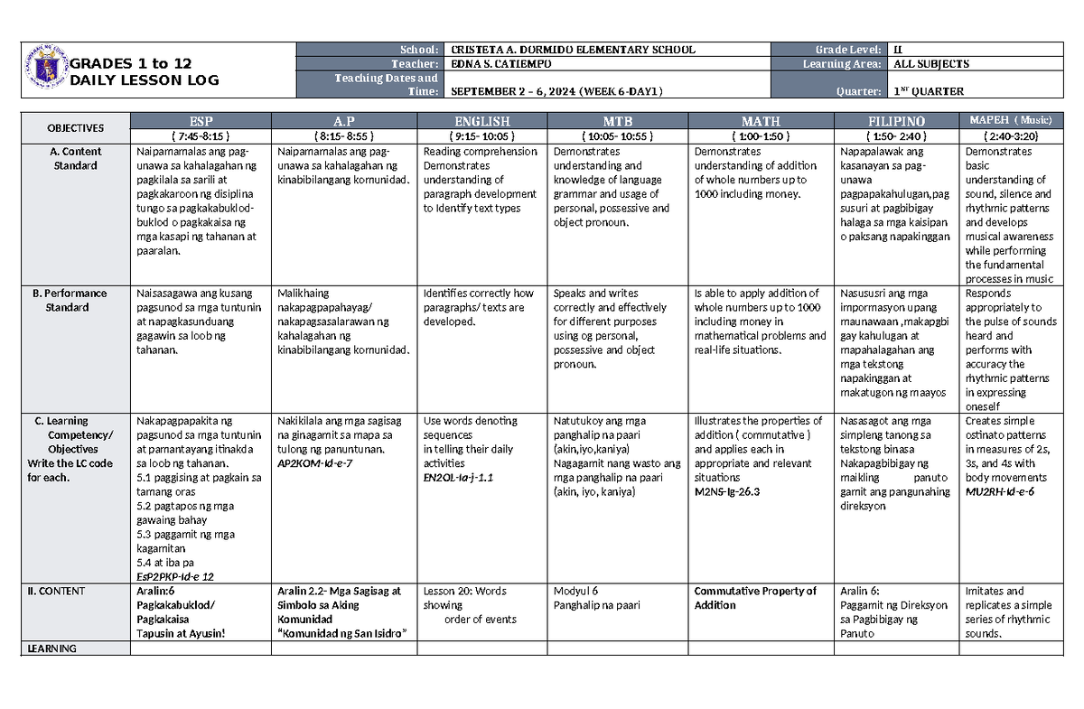 DLL ALL Subjects 2 Q1 W6 D1 - GRADES 1 to 12 DAILY LESSON LOG School: CRISTETA A. DORMIDO ...