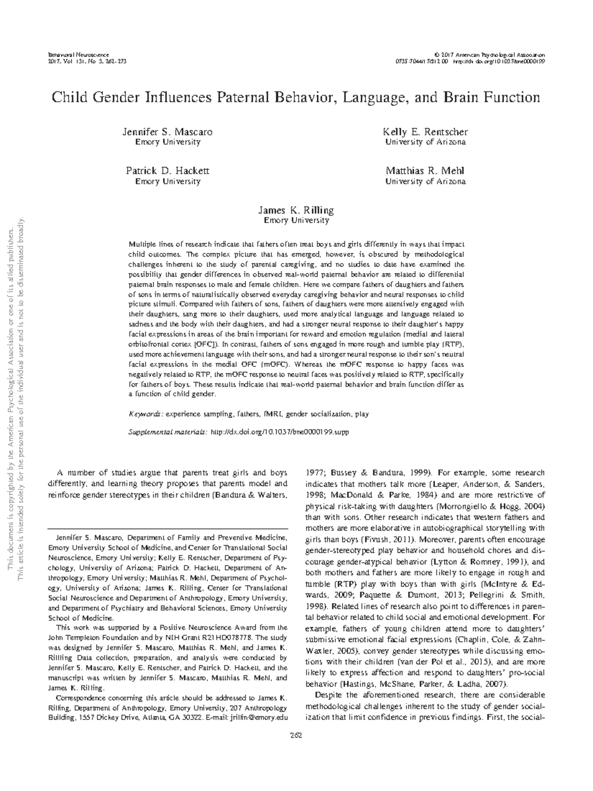 Bne-bne0000199 - Notes - Child Gender Influences Paternal Behavior ...