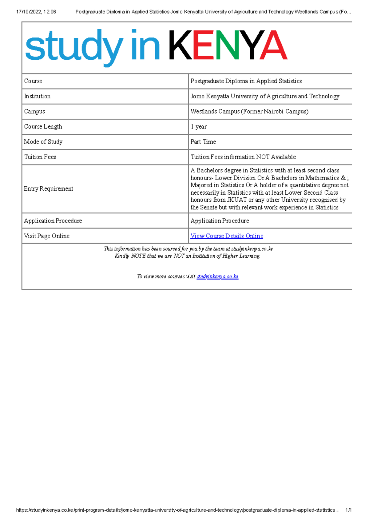 Postgraduate Diploma In Applied Statistics Jomo Kenyatta University Of
