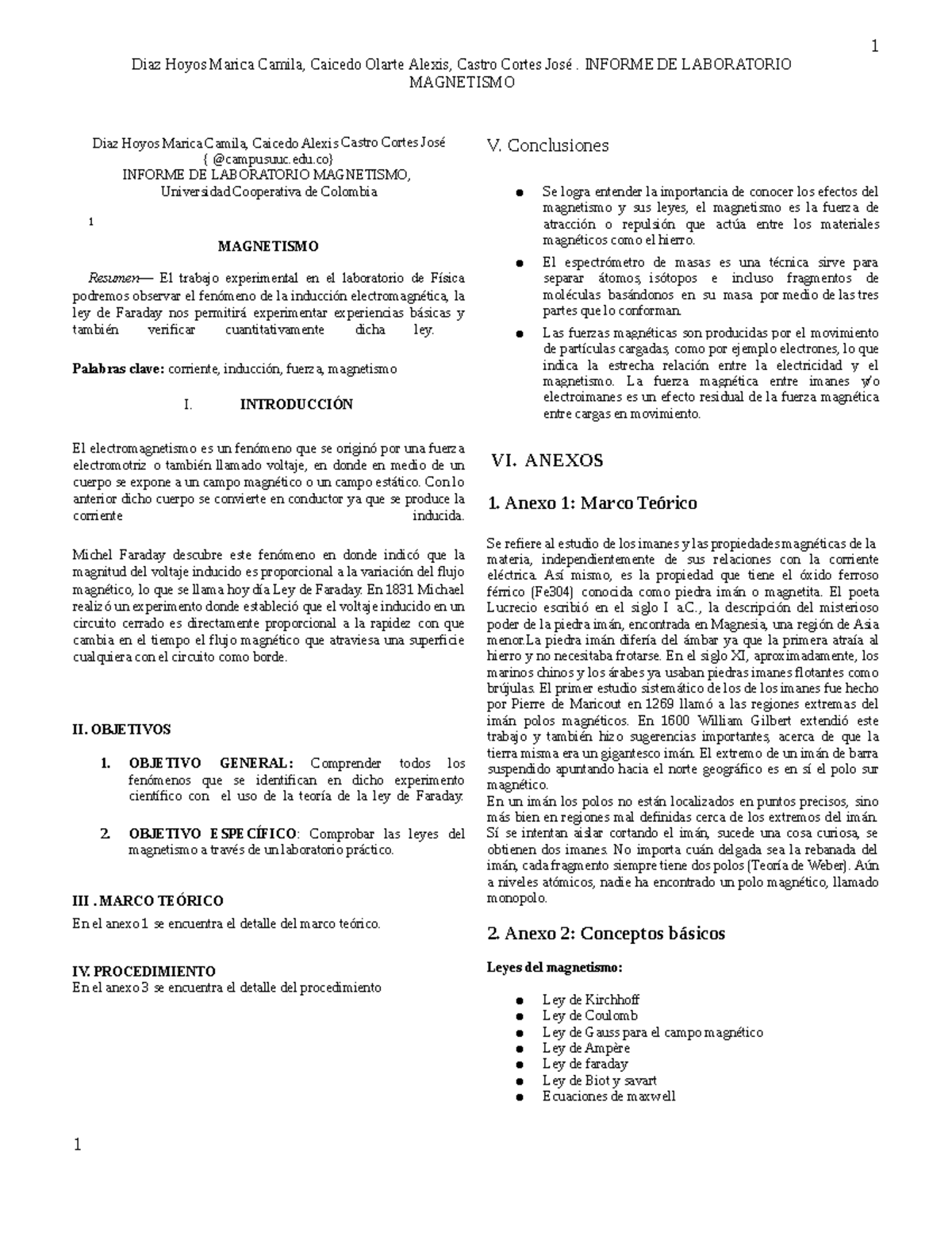 Informe De Laboratorio Magnetismo 1 Diaz Hoyos Marica Camila Caicedo