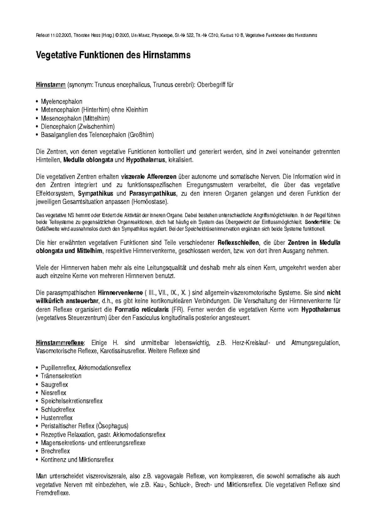 Vegetative Reflexe - SS 17/18 - Referat 11.02, Thorsten Hess (Hrsg ...