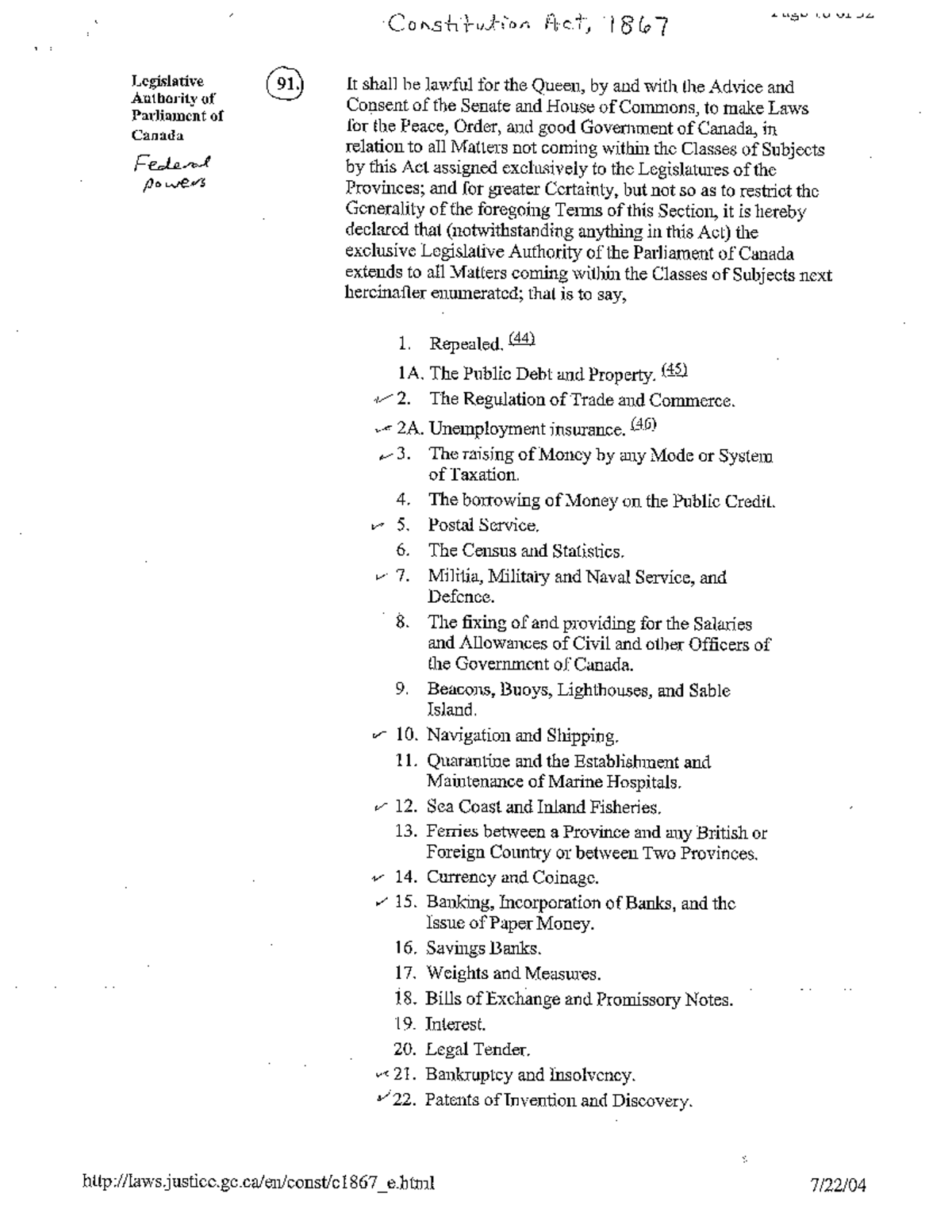 The Constitution Act 1867 - s. 91 s. 92 - B Law301 - Studocu