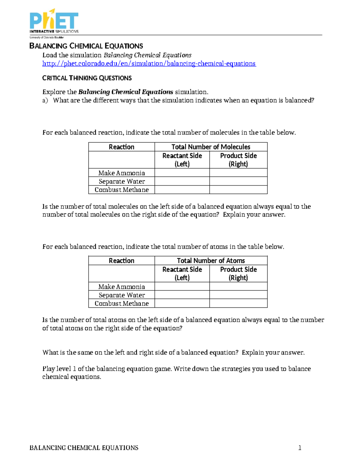 Balancing Chemical Equations Guided Inquiry Corrected - BALANCING CHEMICAL EQUATIONS Load the ...