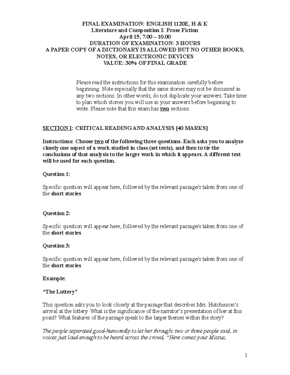 Final examination template - FINAL EXAMINATION: ENGLISH 1120E, H & K ...