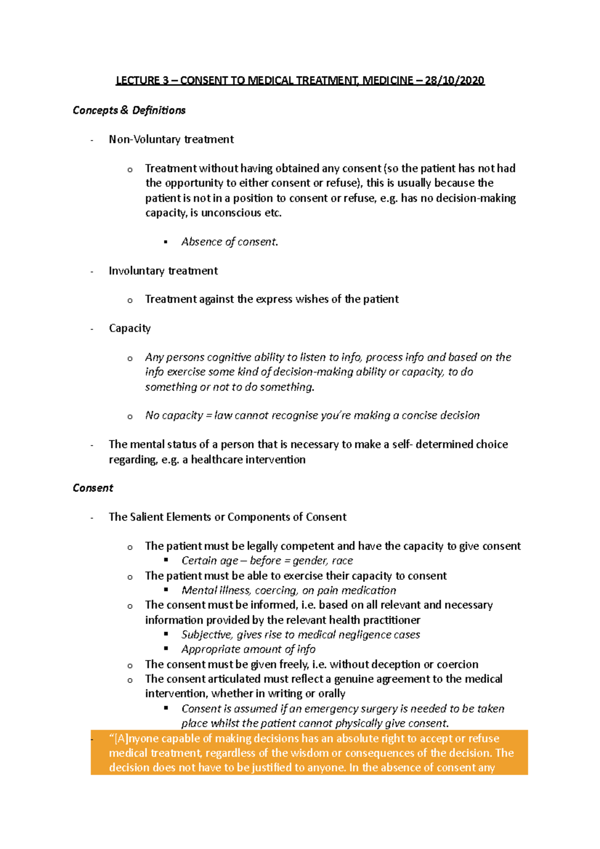 Medical Law - Consent to Medical Treatment - LECTURE 3 – CONSENT TO ...