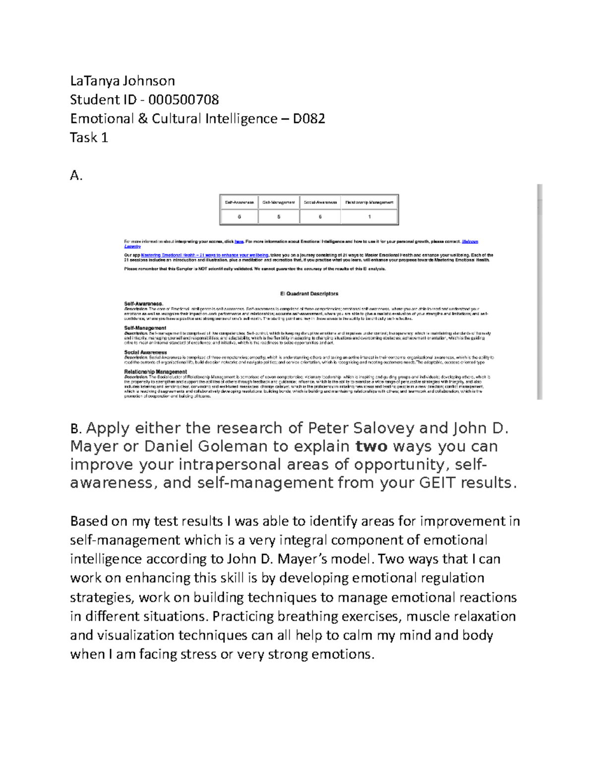 D082 Task 1 - Task 1 - LaTanya Johnson Student ID - 000500708 Emo琀椀onal ...