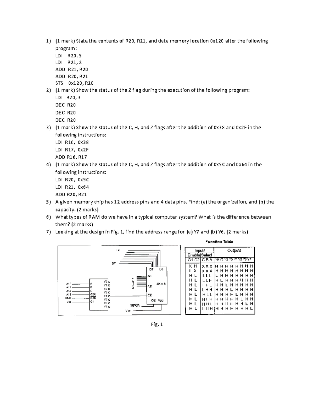 Quiz 4 Spring 2020, questions - (1 mark) State the contents of R20, R21, and data memory ...