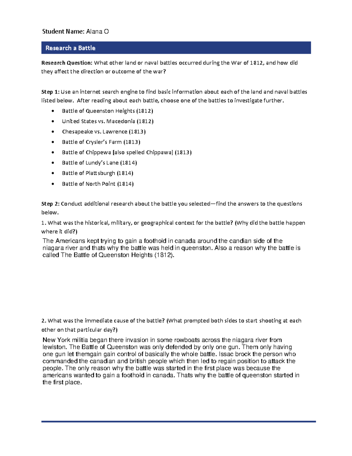 American History - Research a Battle Research Question: What other land ...