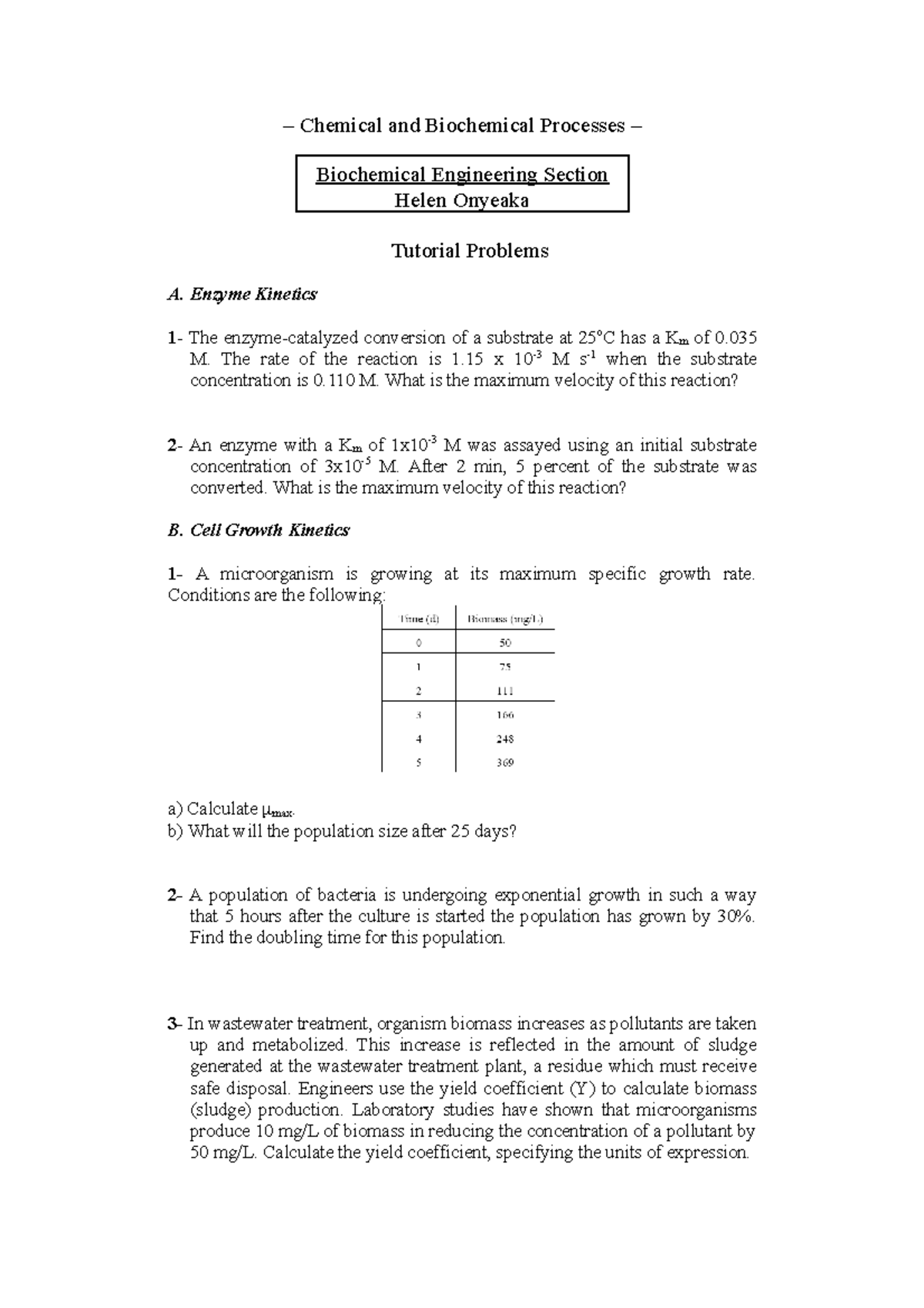 Problems for Biochemical Engineering-CBP students copy-1 - Chemical and ...