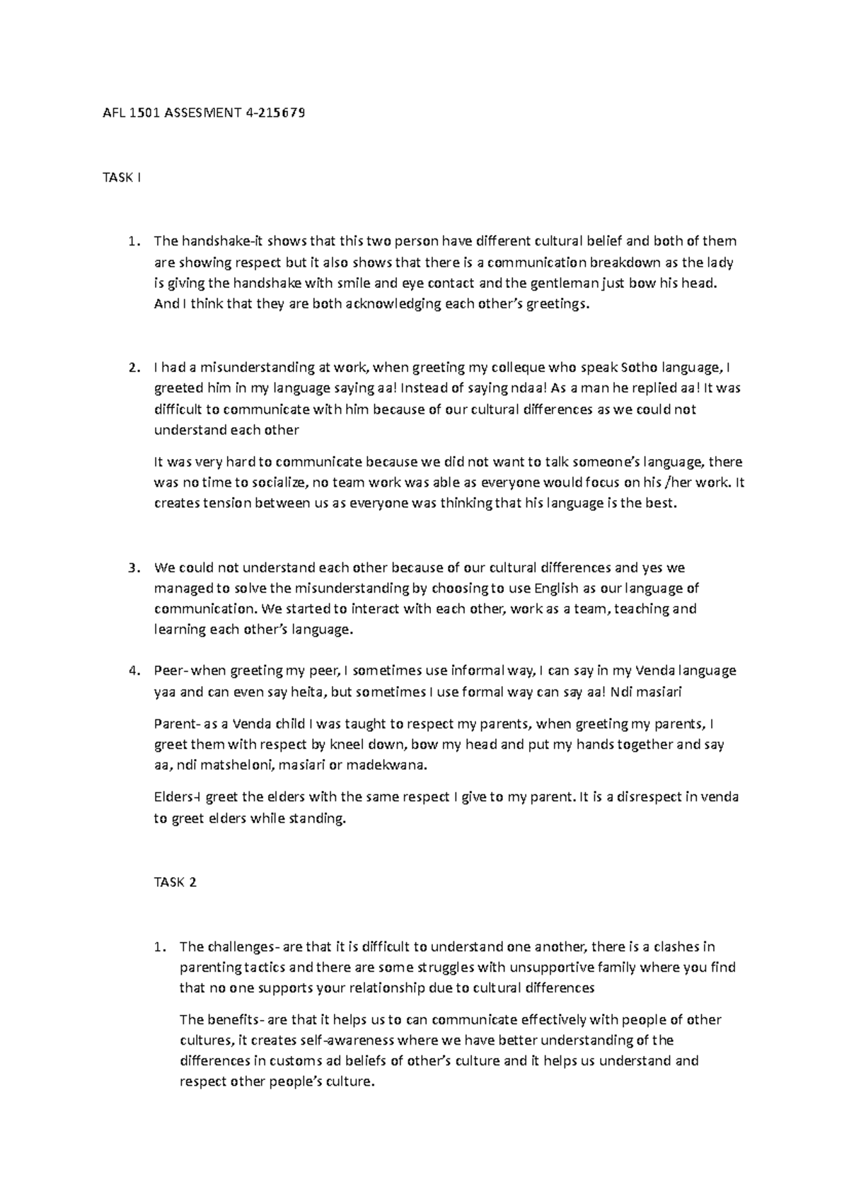 AFL 1501 Assesment 4 - AFL 1501 ASSESMENT 4- TASK I The handshake-it shows that this two person ...
