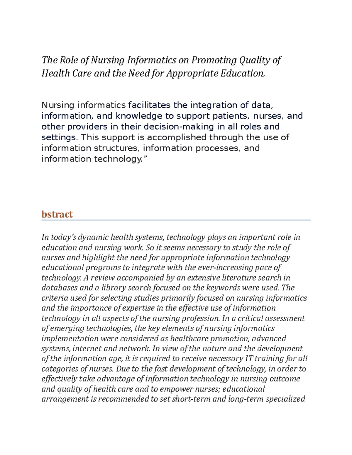 The Role of Nursing Informatics on Promoting Quality of Health Care and ...