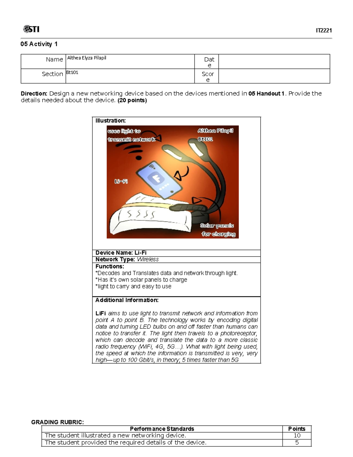 Activity -Althea Pilapil - 05 Activity 1 IT Name Althea Elyza Pilapil Dat e Section Bt101 Scor e ...